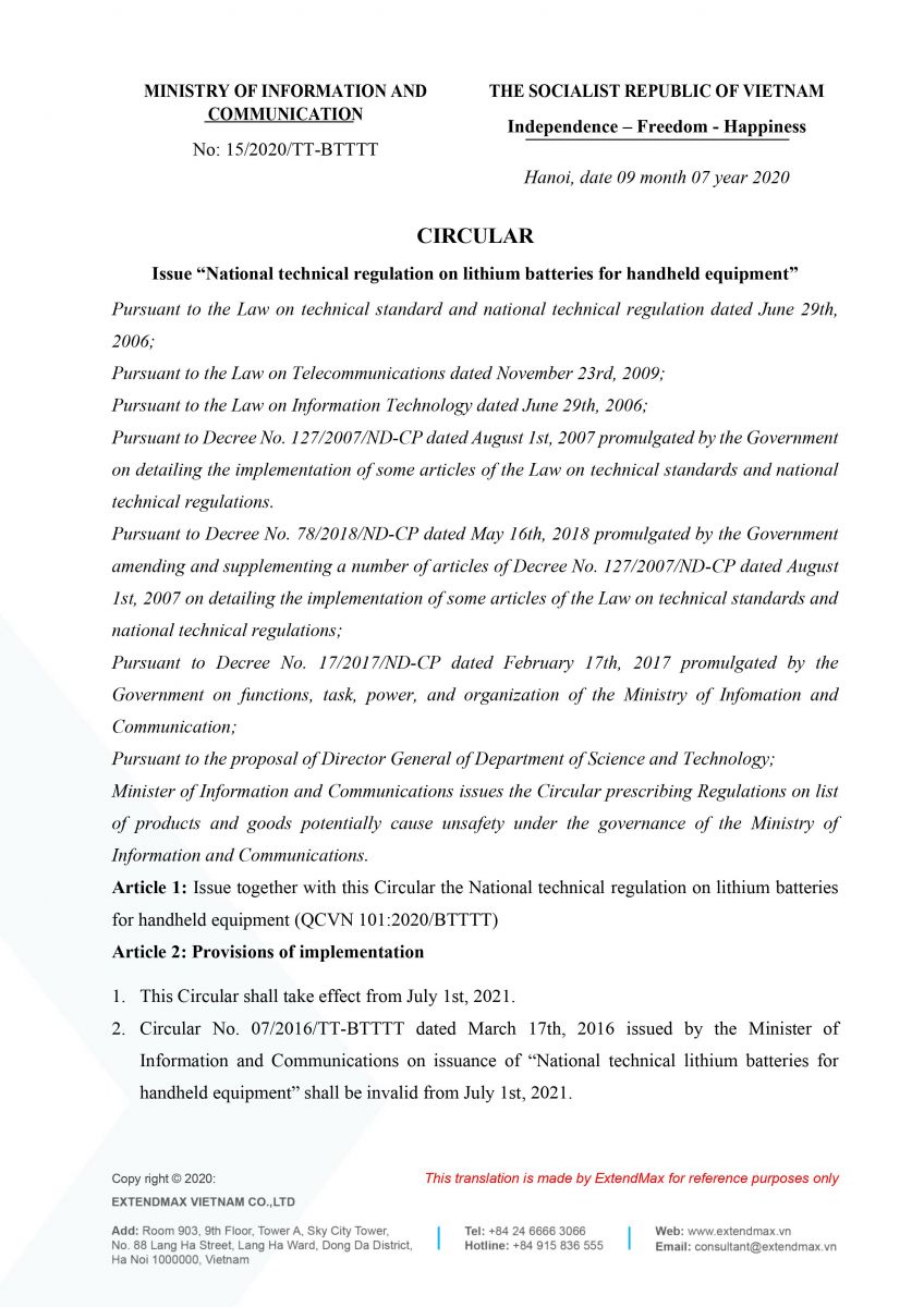 MIC QCVN 101:2020/BTTTT for lithium battery | ExtendMax